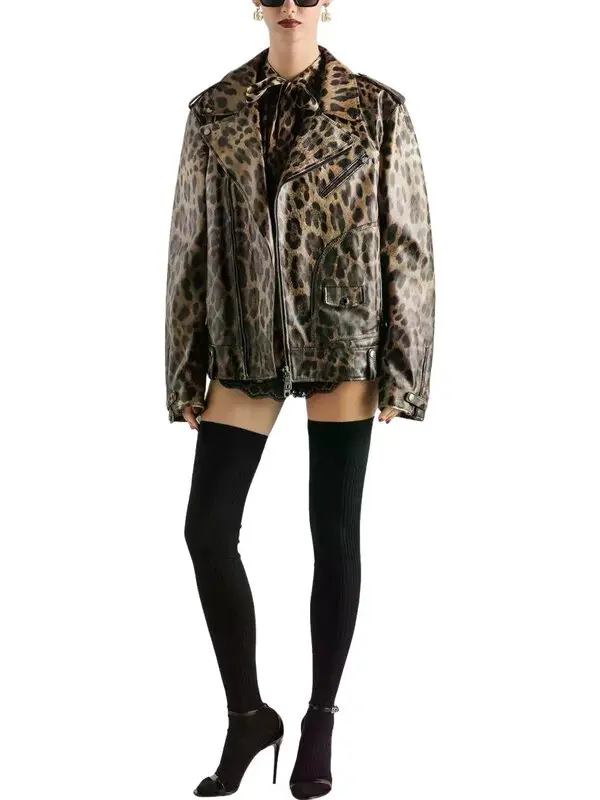 Dolce & Gabbana Leo-print Leather Biker Jacket - Brown