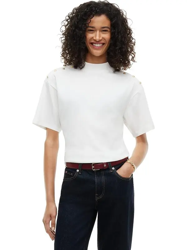 Tommy Hilfiger Gold-button Slim Fit Mockneck T-shirt - Ecru
