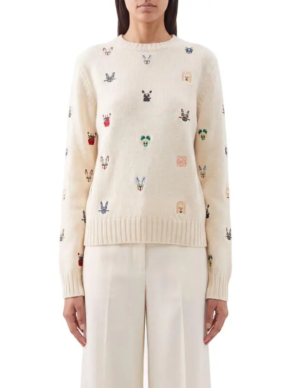 Loewe Embroidered Wool Blend Sweater - White