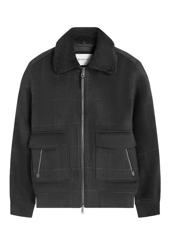 Allen Edmonds Bugatchi Wool Blend Bomber Jacket With Detachable Shearling Collar - Black