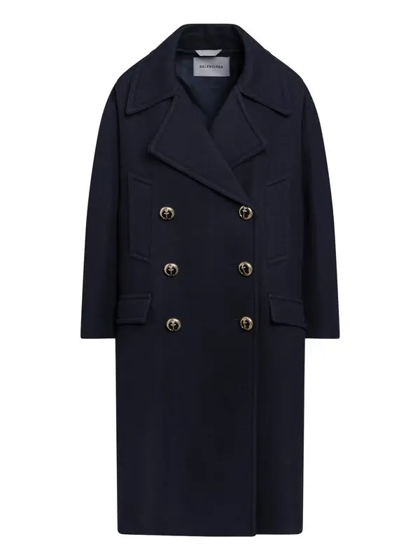 Balenciaga Long Navy Textured Wool Pea Coat - Blue