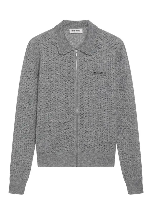 Miu Miu Grey Cashmere And Silk Zip-up Cardigan With Embroidered Collar - Gray
