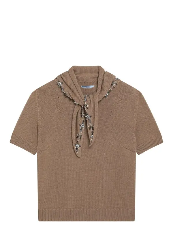 Prada Camel Cashmere Sweater With Jewel Scarf - Cream