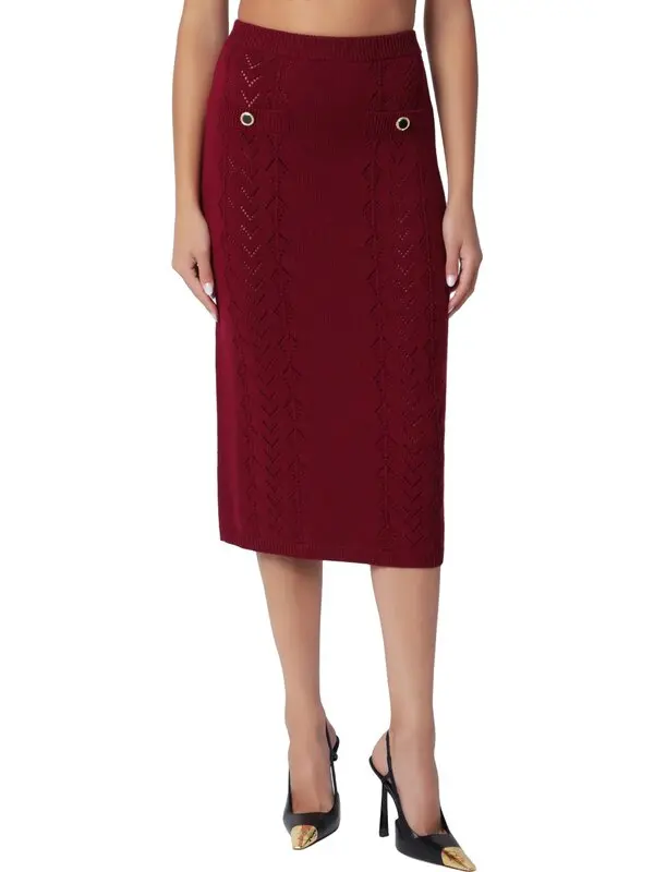 Alessandra Rich Bordeaux Merino Wool Lace Knit Midi Skirt - Red