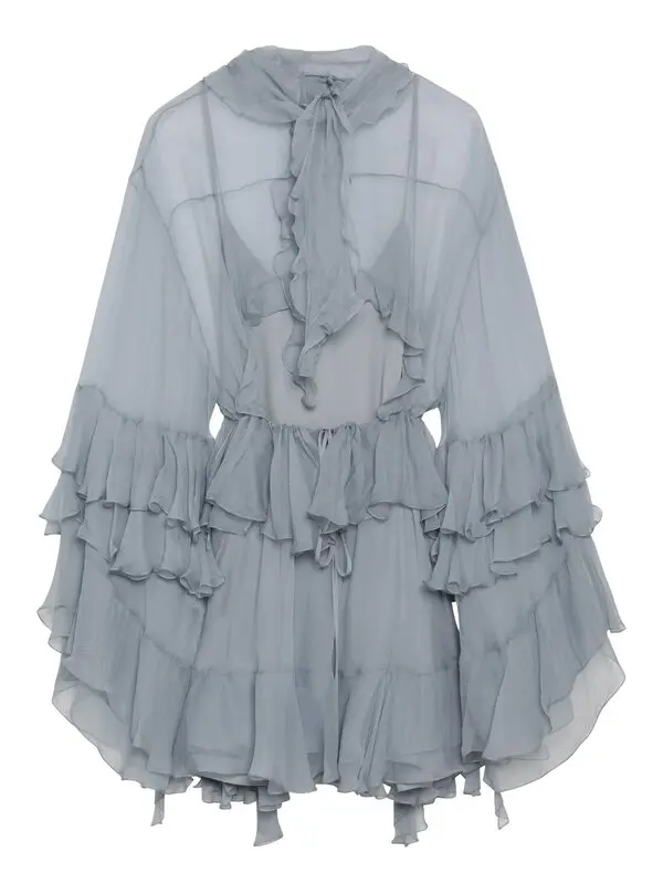Chloé Powder Silk Mousseline Ruffle Mini Dress - Blue
