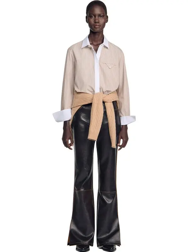 Sandro Striped Cotton Shirt With Embellished Collar - Beige