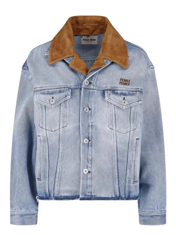 Miu Miu Cotton Denim Jacket With Suede Collar - Light Blue