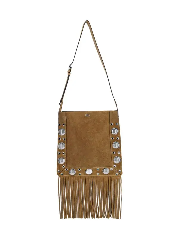 Valentino Garavani Suede Shoulder Bag With Studs And Fringe - Beige