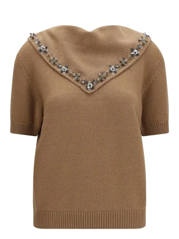 Prada Cashmere Sweater With Embellished Jewel Scarf - Brown