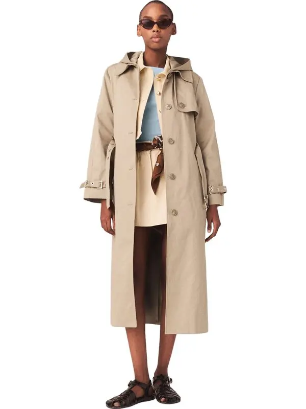 Maje Long Cotton Trench Coat With Removable Hood - Camel