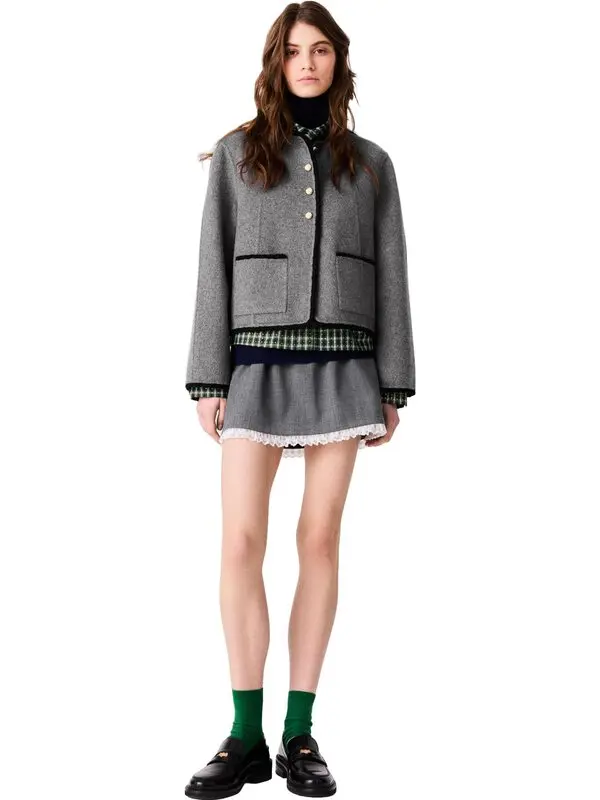 Maje Short Double-faced Wool Coat With Braided Trim - Light Grey