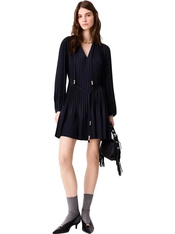 Maje Pleated V-neck Mini Dress With Gold Bead Embellishments - Navy