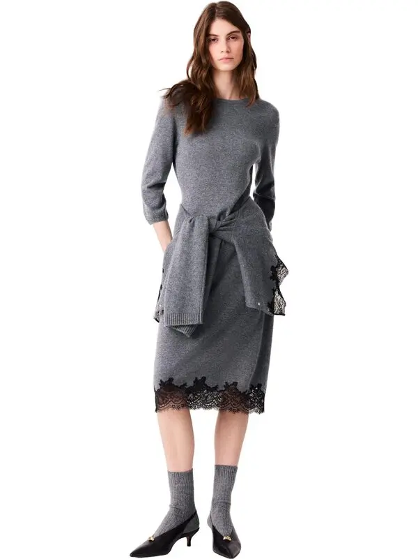 Maje Wool Midi Dress With Lace Trim - Grey/black