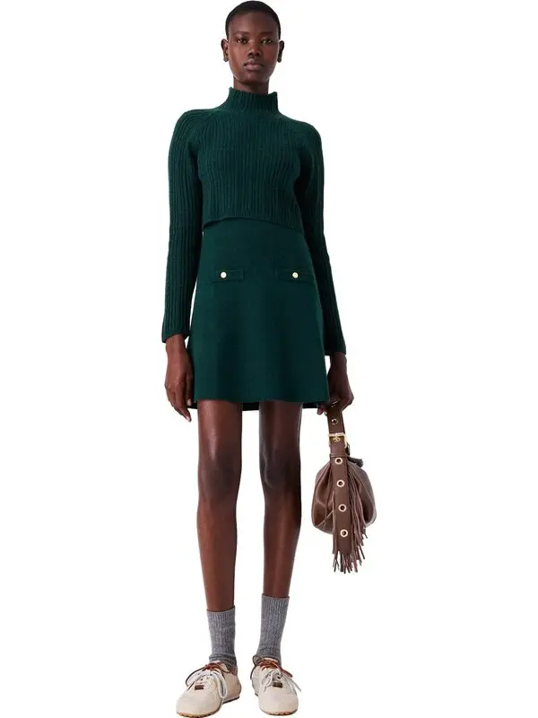 Maje Ribbed Knit 2-in-1 Dress With Gold Button Detail - Bottle Green