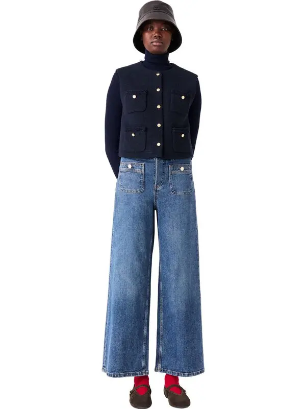 Maje Sleeveless Tweed Jacket With Gold Button Detail - Navy