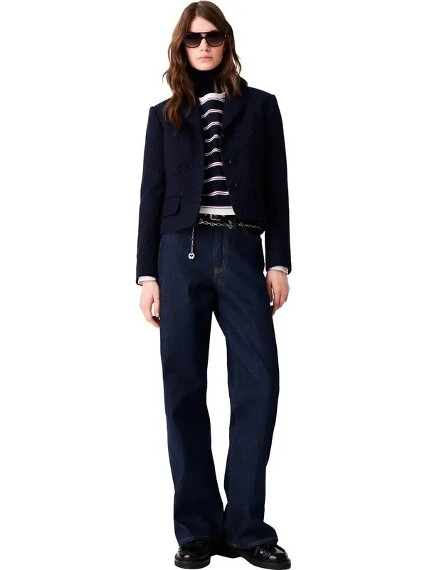 Maje Cropped Suit Jacket With Lurex Stripes - Navy