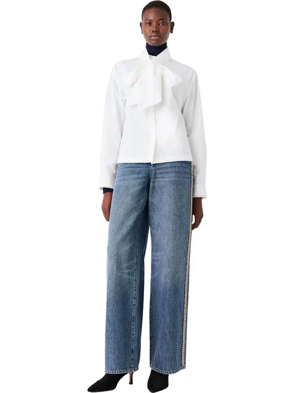 Maje Cotton Shirt With Removable Pussy Bow And Scalloped Trim - White