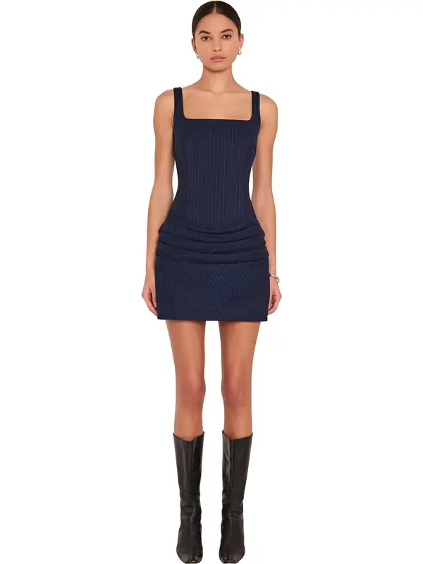 Amanda Uprichard Annabella Dress In Manchester Pinstripe - Navy