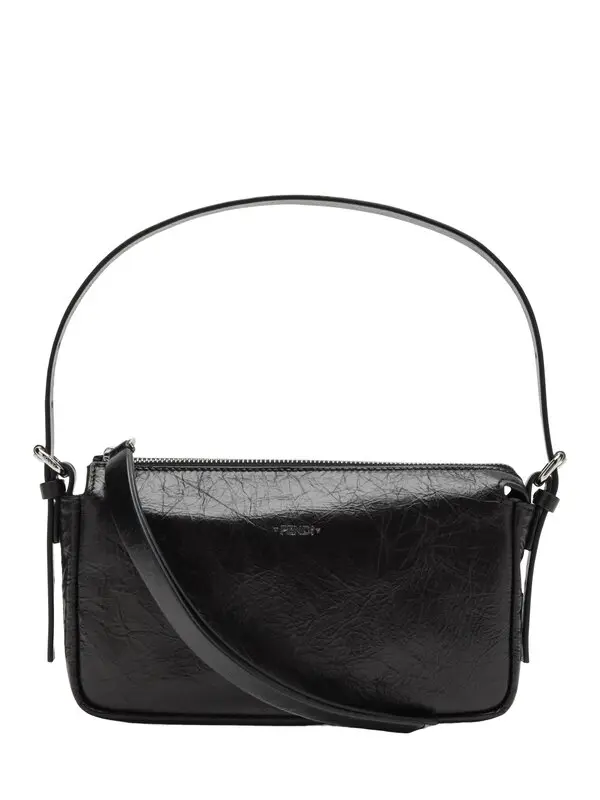 Fendi Zip Top Small Bag In Crackled Leather - Black