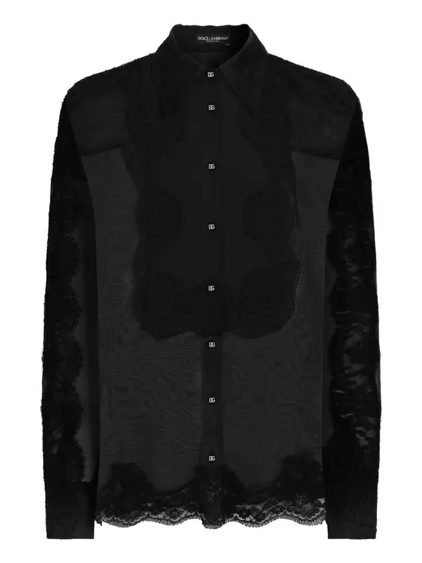 Dolce & Gabbana Sheer Organza Lace Appliqué Shirt - Black