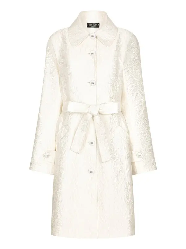 Dolce & Gabbana Belted Floral Jacquard Coat - White