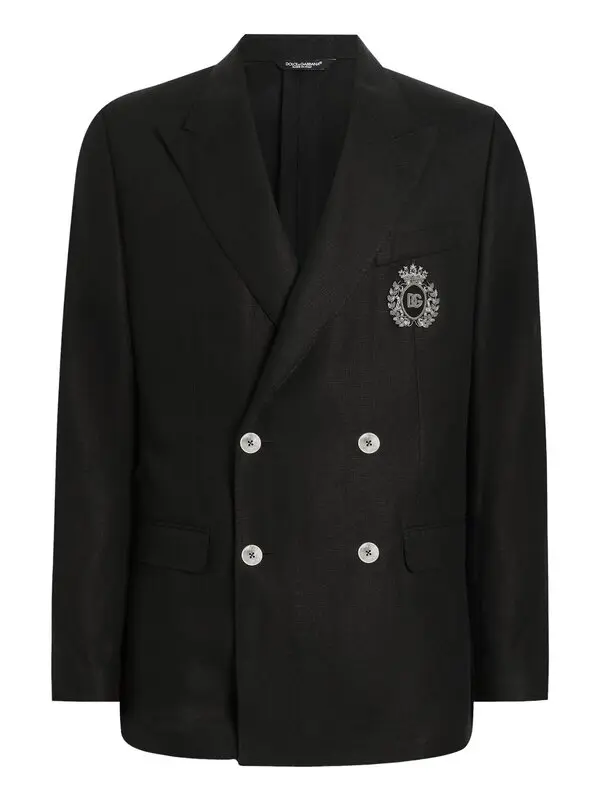 Dolce & Gabbana Double-breasted Linen Jacket With Patch - Black