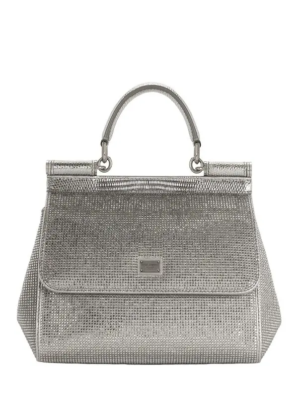 Dolce & Gabbana Medium Sicily Handbag In Satin With Rhinestones - Silver