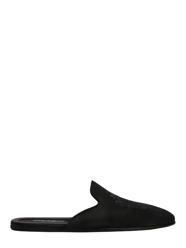 Dolce & Gabbana Calfskin Embroidered Slippers - Black