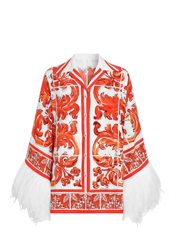 Dolce & Gabbana Majolica Print Charmeuse Shirt With Feather Trim - Multicolor