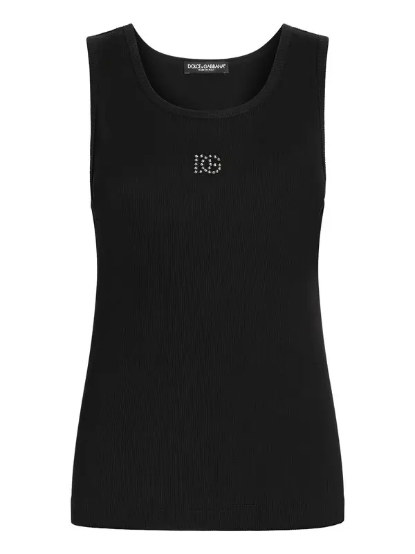 Dolce & Gabbana Ribbed Tank Top With Dg Embroidery And Rhinestones - Black