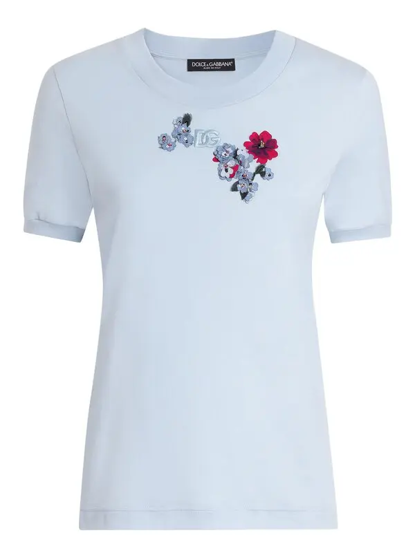 Dolce & Gabbana Jersey T-shirt With Flower Patch - Azure