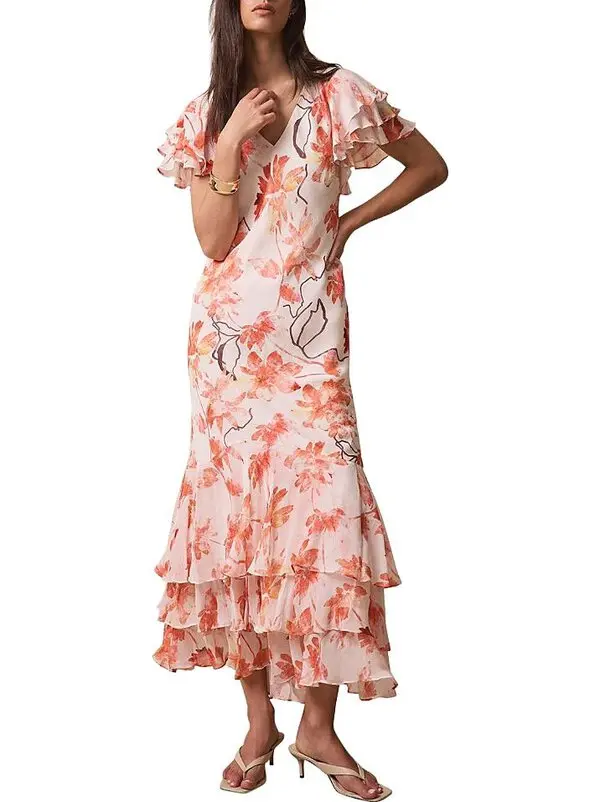 Mint Velvet Floral Ruffle Tie-back Midi Dress - Pink