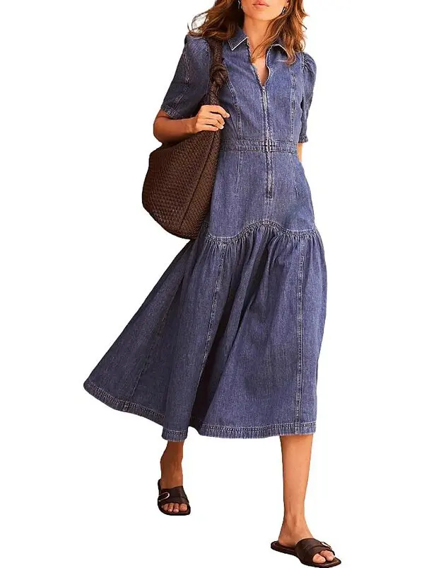 Mint Velvet Puff Sleeve Denim Zip Front Midi Dress - Blue