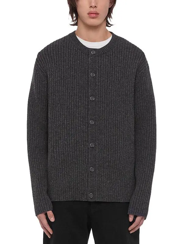 Helmut Lang Ribbed Crewneck Wool Cardigan - Graphite