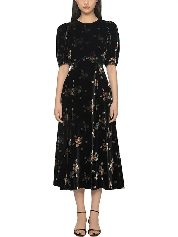 Sea Leda Velvet Floral Midi Dress - Black