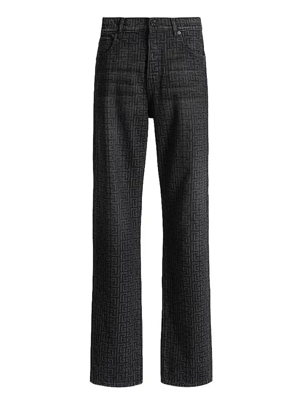 Balmain Monogram Pattern Loose Fit Cotton Jeans - Black/medium Grey