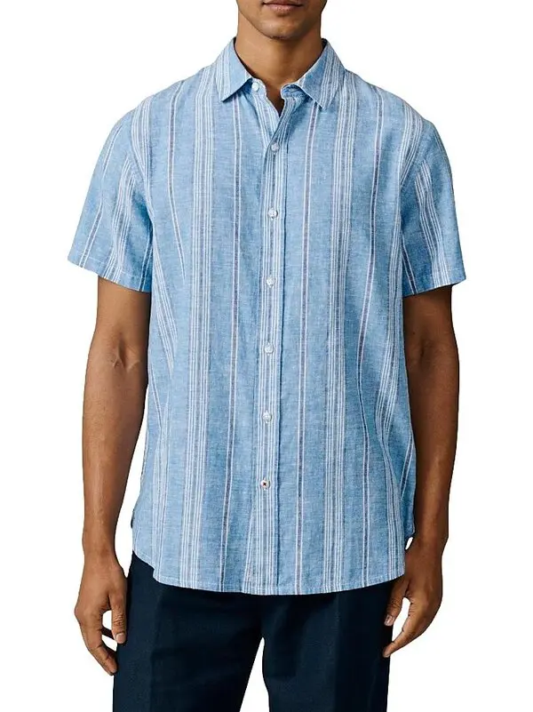 Aubin Austin Cotton Linen Short Sleeved Shirt - Blue Irregular Stripe
