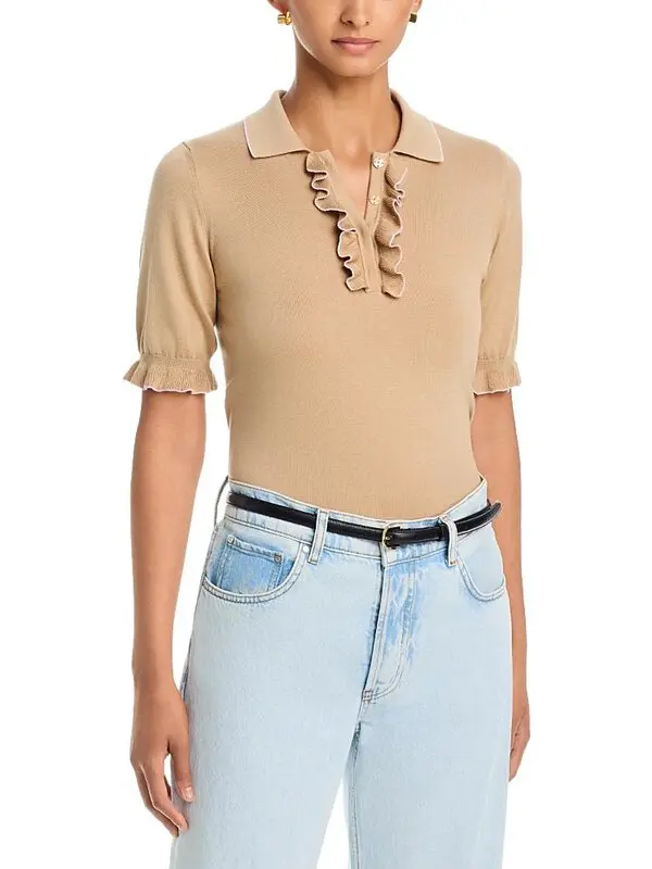 Fabiana Filippi Silk & Cotton Ruffled Polo Top - Tan