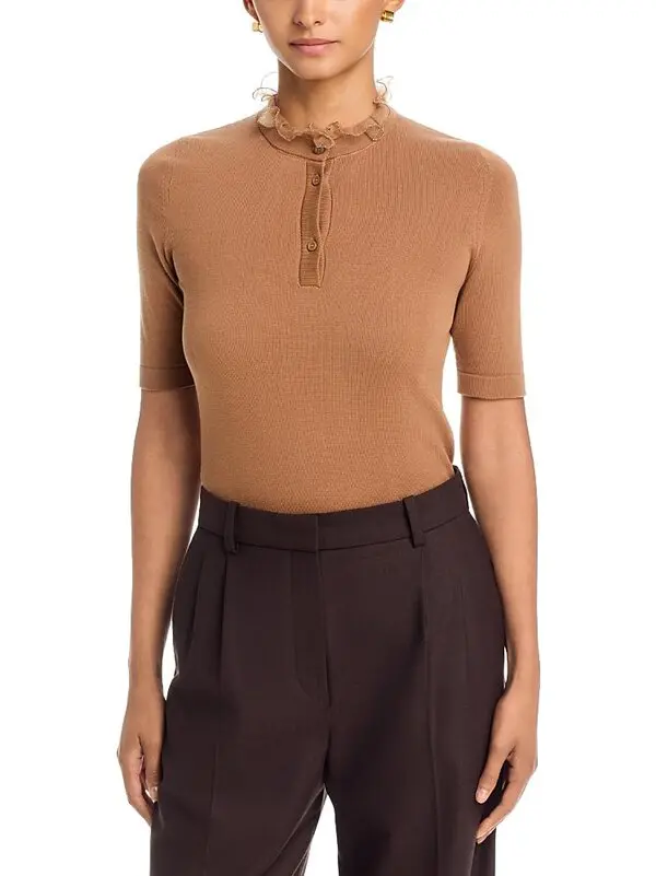 Fabiana Filippi Cotton Knit Sweater With Ruffled Neckline - Tan