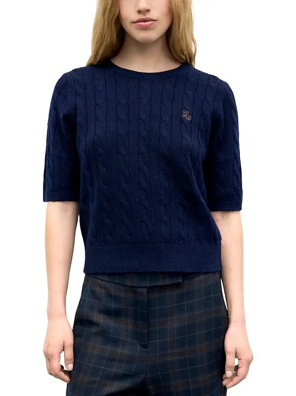 Gerard Darel Raisa Cable Knit Short Sleeve Sweater - Navy
