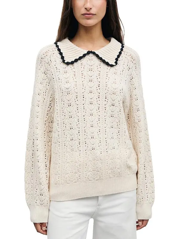 Gerard Darel Roca Open Knit Sweater With Peter Pan Collar - Ecru