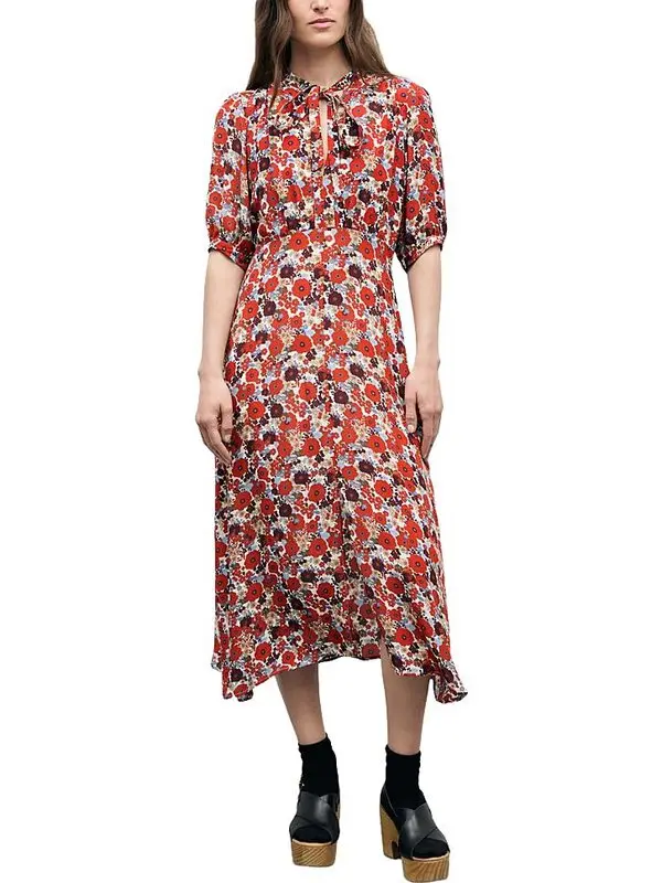 Gerard Darel Floral Tie Neck Midi Dress - Ecru