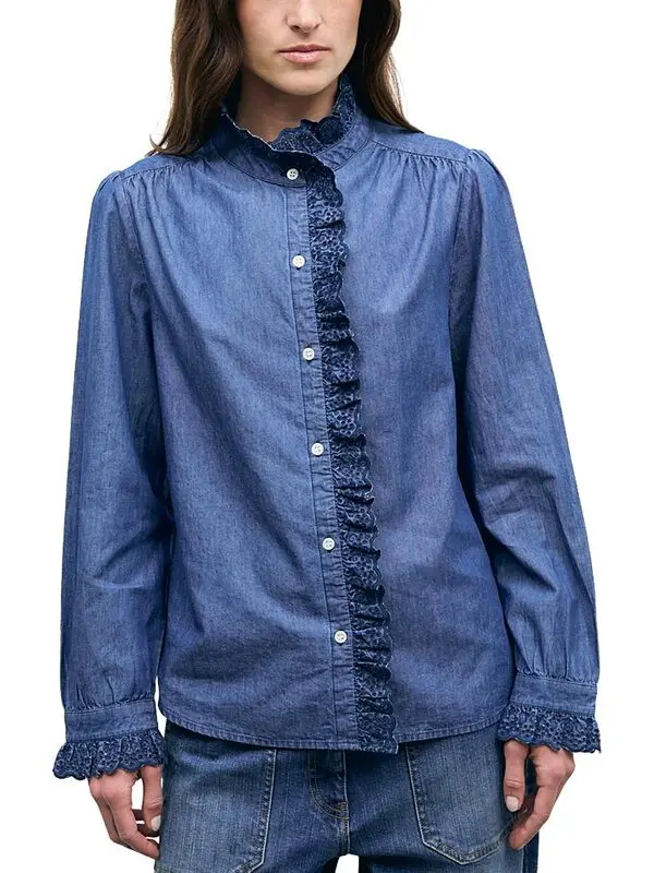 Gerard Darel Cotton Eyelet Ruffle Blouse - Blue