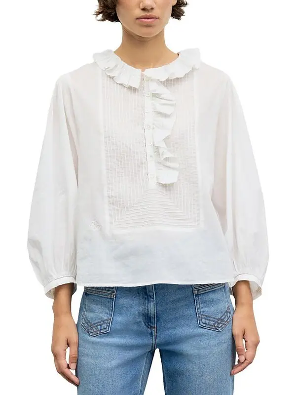 Gerard Darel Leone Cotton Blouse With Ruffle Trim - White
