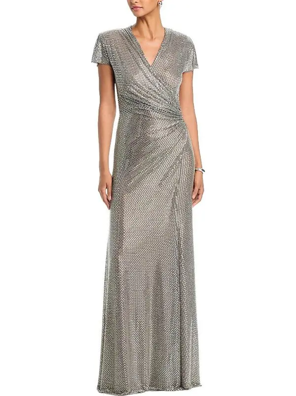 SELF-PORTRAIT Rhinestone Mesh Wrap Maxi Dress - Grey