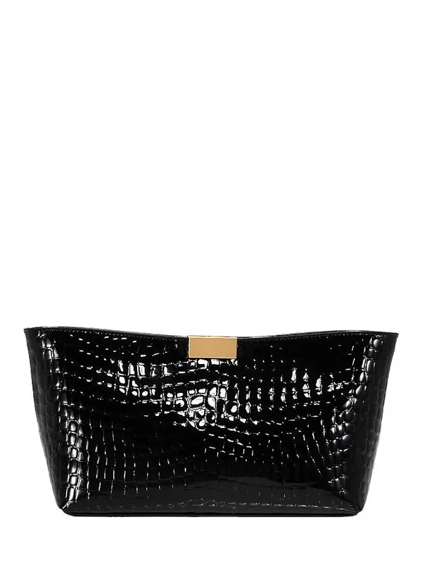Aqua Medium Croc Embossed Patent Leather Clutch - Black