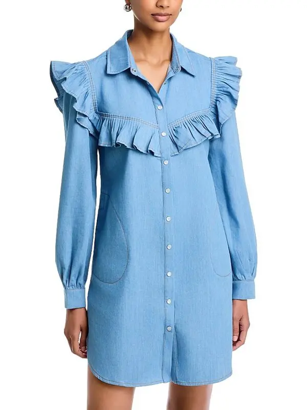 AREA STARS Parker Ruffled Denim Shirt Dress - Light Denim