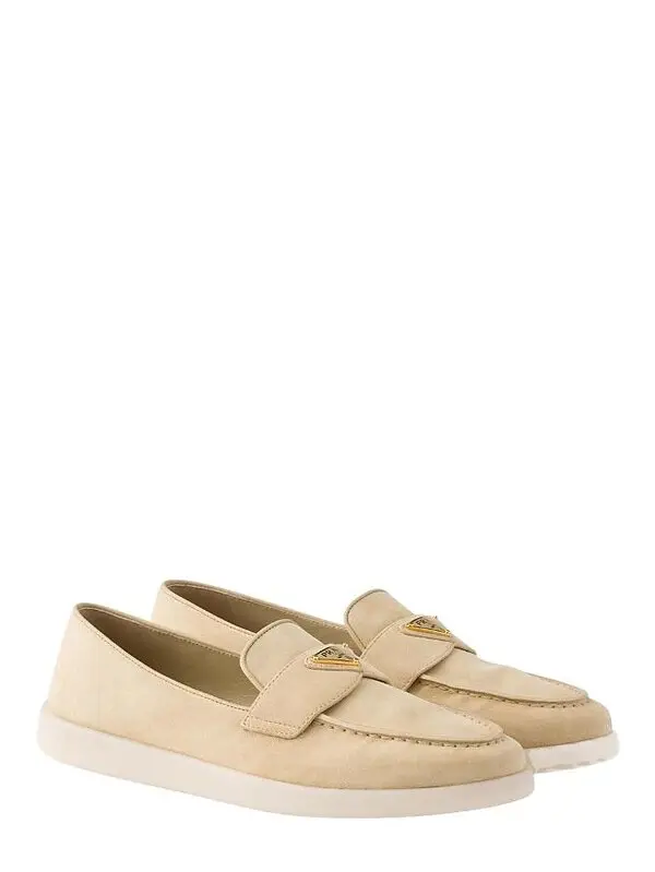Prada Suede Leather Loafers With Gold Tone Detail - Neutral