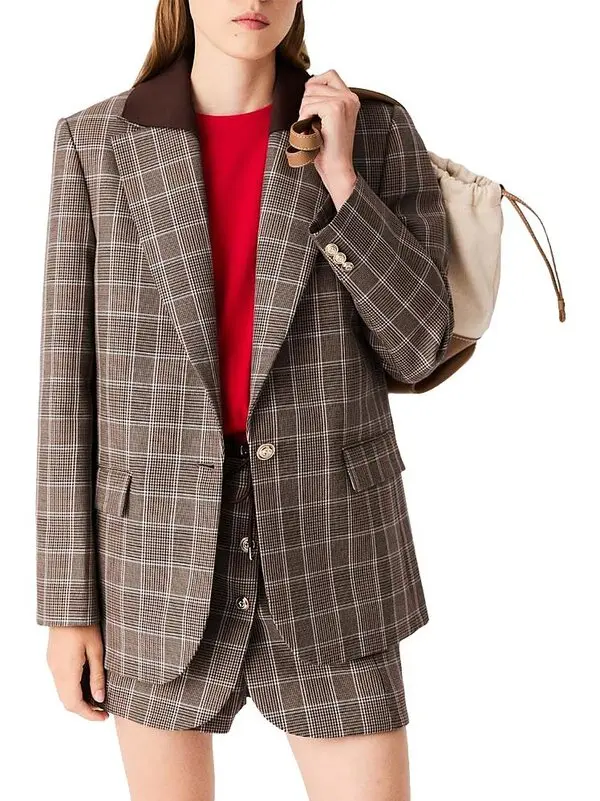 Maje Vapimi Check Blazer With Removable Collar - Brown