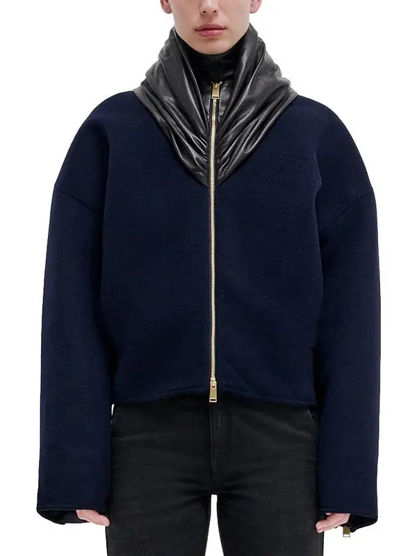 DARKPARK Cashmere Wool Leather Fold Collar Bomber Jacket - Blue Navy